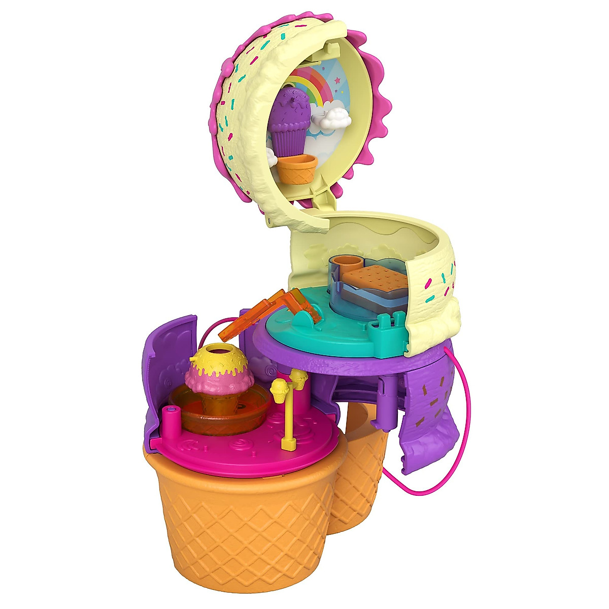 Polly Pocket Dolls and Accessories, Ice Cream Cone-Shaped Playground with 3 Floors and 2 Micro Dolls, Spin ‘n Surprise Compact​​