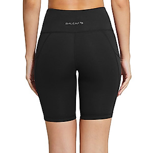 BALEAF Biker Shorts Women Yoga Gym Workout Spandex Running Volleyball Tummy Control Compression Shorts with Pockets 8&quot; Black S