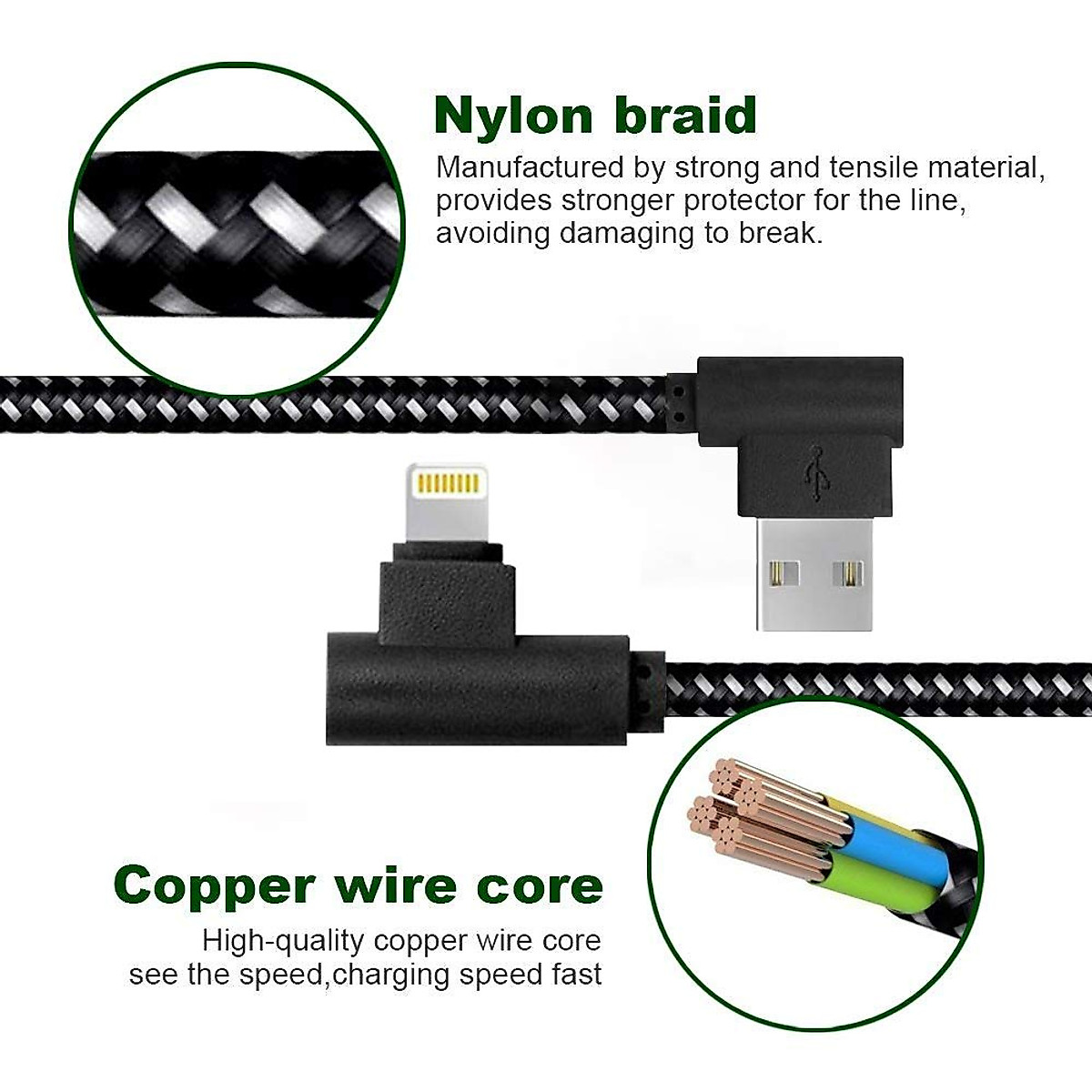 [3 Pack] Right Angle Charging Cable Nylon Braided 90 Degree Elbow for Game Video Watch Compatible with iPhone Xs Max/XS/XR/7/7Plus/X/8/8Plus/6S/6S Plus/SE (3ft, Black White)