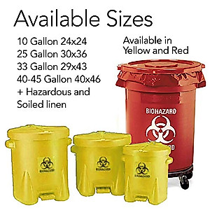 Resilia Medical - Biohazard Bags - For Infectious Waste Disposal, Meets DOT ASTM Standards for Hospital Use, Yellow, 33 Gallon, 29x43 Inches, 25 Bags