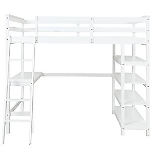 Harper & Bright Designs Full Size Loft Bed with Desk Underneath Full Loft Bed with Shelves and Ladder, Wood Loft Bed Full for Kids Girls Boys,White
