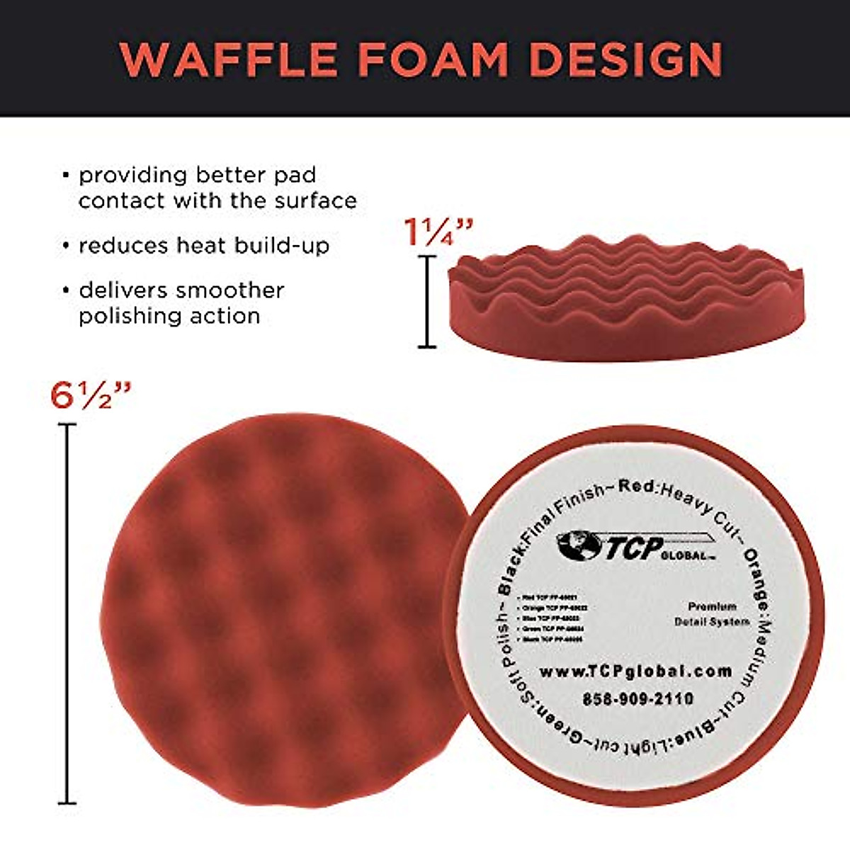 TCP Global 6.5" Red Waffle Heavy Cut Grip Foam Polish Buff Pad - DA Hook & Loop