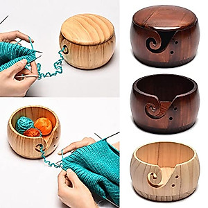 gofidin Craft DIY Arts with Handmade Holes Knitting Crochet Weaving Tool Wool Holder Organizer Wooden Yarn Bowl Woolen Knitting Storage Basket(2)