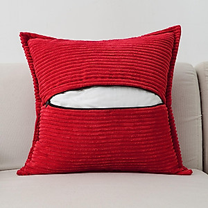 HAUSSY Red Large Decorative Throw Pillow Covers 26x26 Inch Set of 2,Soft Solid Corduroy Striped Cushion Case,Square Euro Pillow Shams,Winter Home Decorations for Couch,Bed