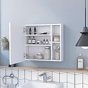 Voohek Medicine Cabinet with Three Internal, Single Door and Two External Shelves for Bathroom, a Unique Mirror, Manufactured Wood, White