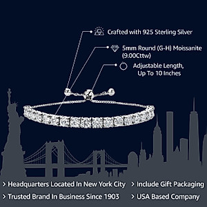Gem Stone King 9.00 Cttw 925 Sterling Silver White Moissanite Tennis Bracelet For Women | Round 5MM | Fully Adjustable Up to 10 Inch