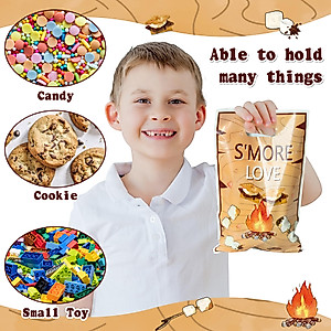 ArowlWesh S’more Camping Party Favor Bags - 50Pcs Plastic S’more Love Candy Treat Gift Bag with Handles Fun Snack Goodie Bags Campfire Camping Party S’more Birthday Supplies Baby Shower Wedding Decor