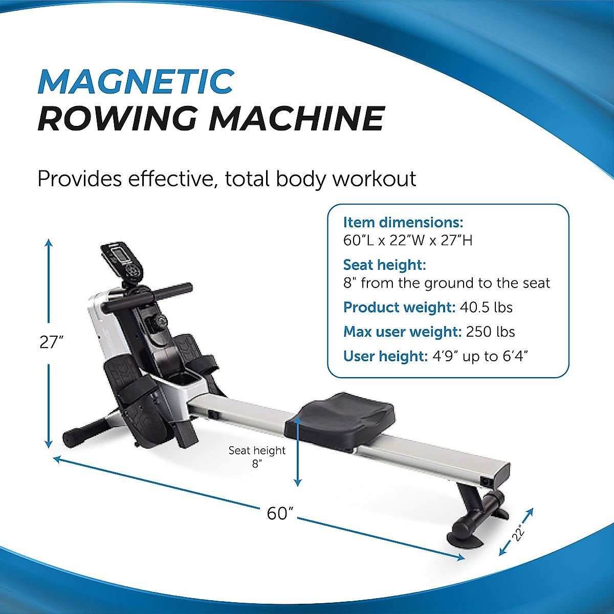 Stamina Magnetic Rower 1110 - Rower Machine with Smart Workout App - Rowing Machine with Magnetic Resistance for Home Gym Fitness - Up to 250 lbs Weight Capacity - Silver