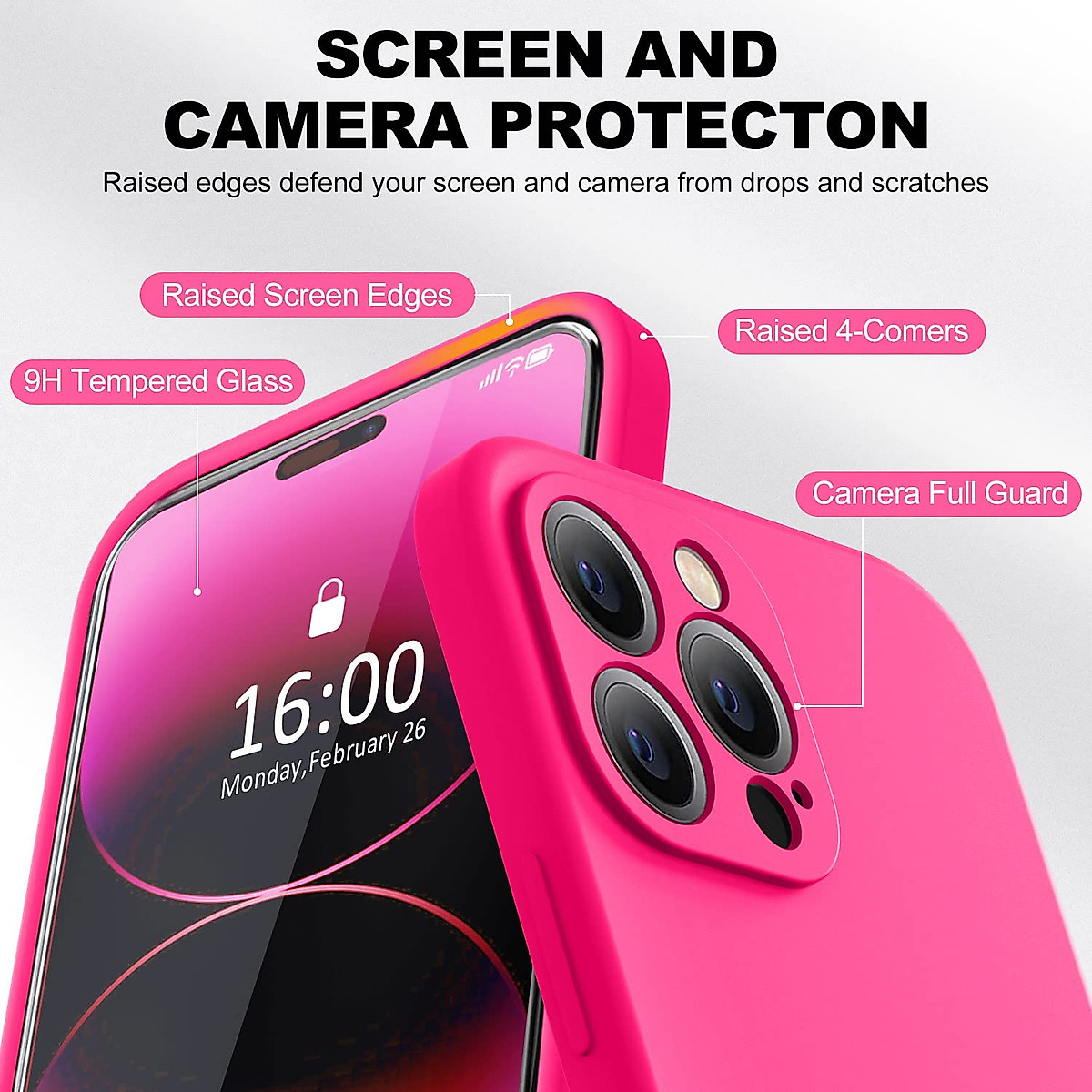 BossKiss Compatible with iPhone 14 Pro Max Case, Silicone Upgraded [Camera Protection] [2 Pcs 9H Screen Protector], Soft Anti-Scratch Microfiber Lining, 6.7 inch, Hot Pink