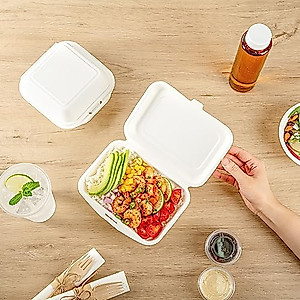 Restaurantware Pulp Safe No PFAS Added 20 Ounce Clamshell Boxes 100 Disposable Containers - Home Compostable Microwavable And Freezable White Bagasse Containers Built-In Hinged Lid