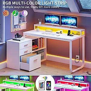 DWVO L Shaped Desk with Drawers, 55" Corner Computer Desk with Power Outlets & LED Lights, Home Office Desk with File Cabinet, White