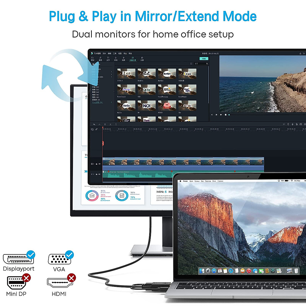 TECHTOBOX VGA to Displayport Cable VGA to DP Male to Male Cable Converter Support 1080P Full HD from PC Laptop Graphics Card to Monitor Display or Projector - 6.6FT