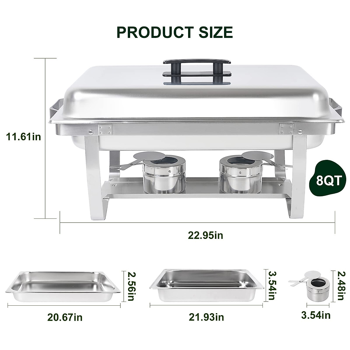 IMACONE Chafing Dish Buffet Set of 2, 8QT Stainless Steel Rectangular Chafers and Buffet Warmer Sets for Catering, with Food & Water Pan, Lid, Foldable Frame, Fuel Holder for Event Party Holiday