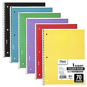 Mead Spiral Notebooks, 6 Pack, 1-Subject, College Ruled Paper, 10-1/2" x 7-1/2", 70 Sheets per Notebook, Assorted Colors (73065)