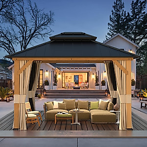 MELLCOM 11'x13' Wood Gazebo, Outdoor Hardtop Cedar Wooden Frame Gazebos with Galvanized Steel Double Roof, Includeds Curtains and Nettings for Patio, Garden and Backyard