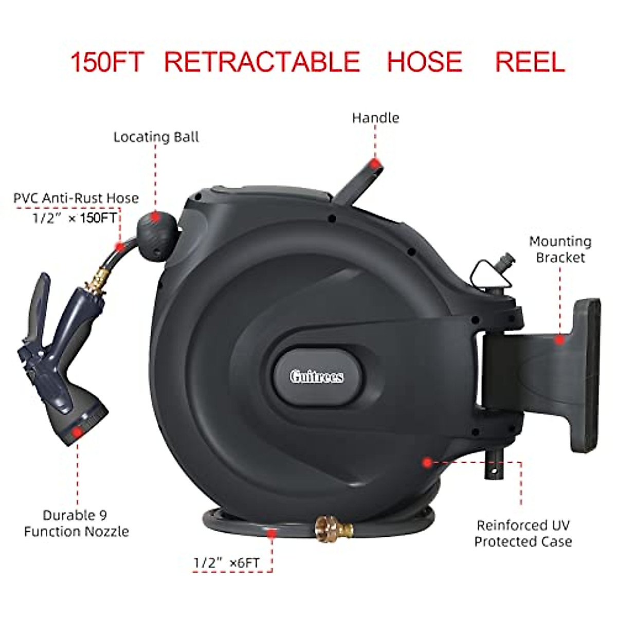 Guitrees Retractable Garden Hose Reel 1/2” 150FT+6FT With Cover, Slow Return System, Any Length Lock, Wall Mounted, 9 Function Nozzle and 180°Swivel Bracket (Grey)
