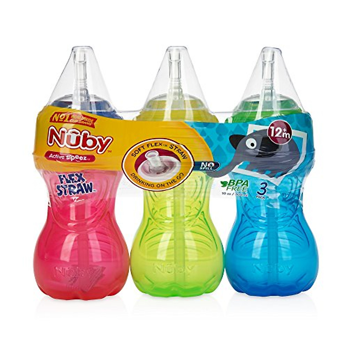 Nuby No-Spill Sippy Cup with Flex Straw for Boys - (3-Pack) 10-Ounce Bottles - Training Sippy Cups for Toddlers 12+ Months