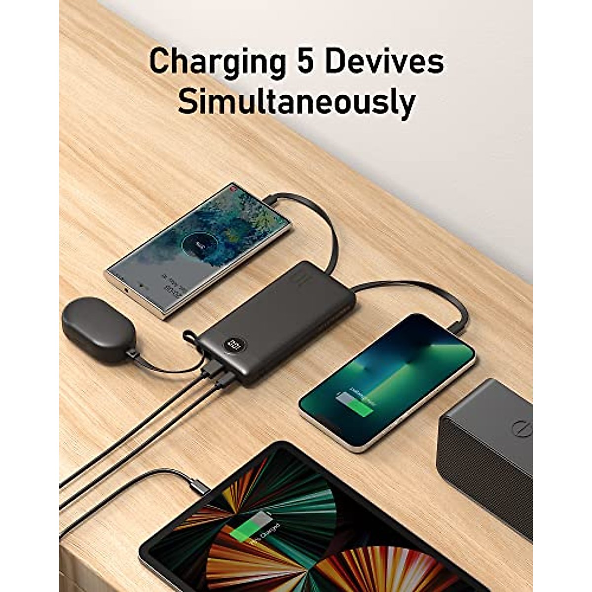 VEEKTOMX Portable Charger with Built in Cables, 10000mAh Ultra Slim Power Bank with 5 Outputs and LED Display, External Battery Compatible with iPhone/iPad/Samsung and Other Smart Devices for Travel