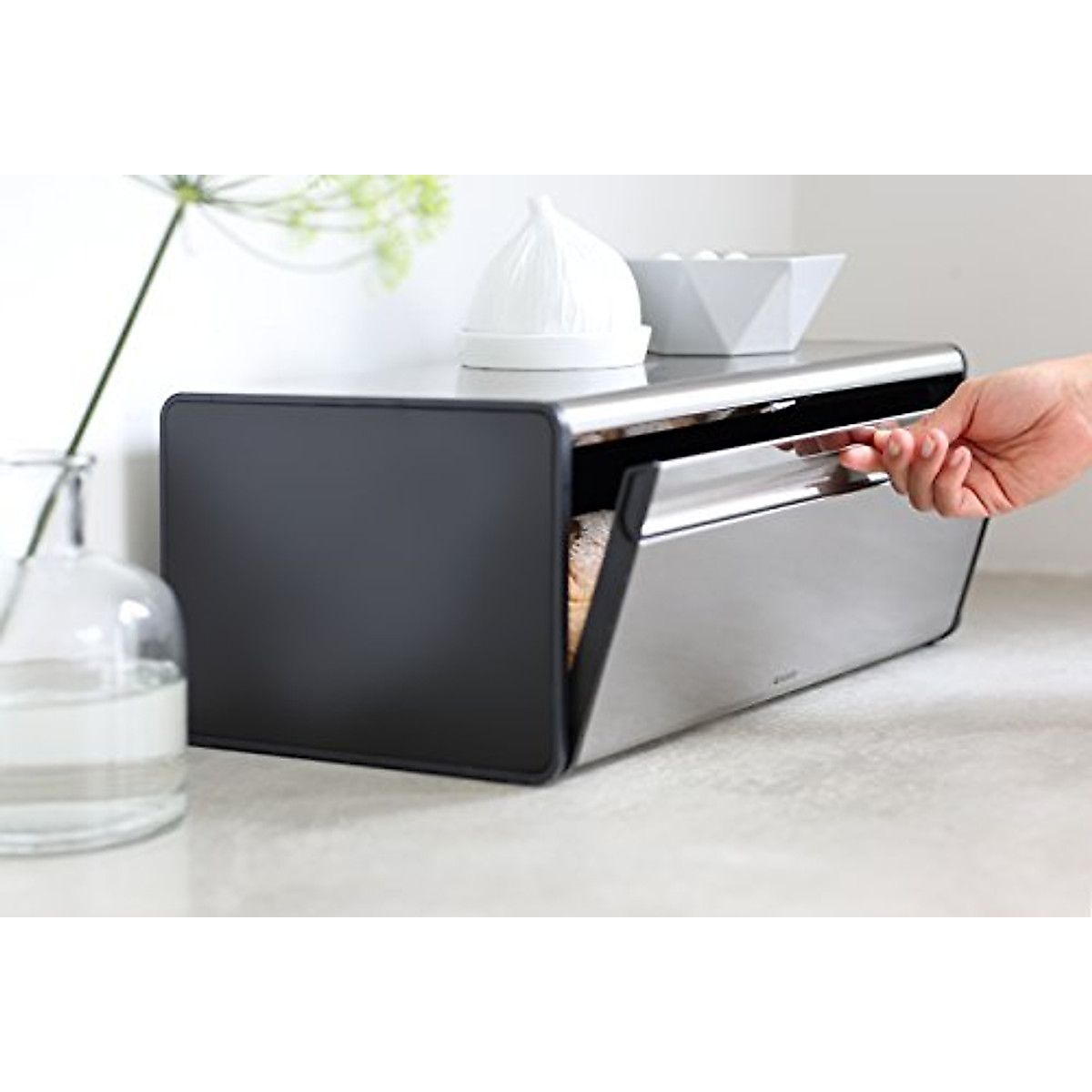 Brabantia Fall Front Bread Box - Matte Steel Fingerprint Proof with Black Sides, 299186