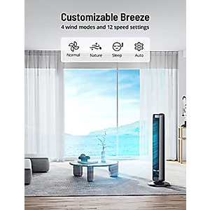 PARIS RHÔNE 42 Inch Tower Fan, 90° Oscillating Fan with DC Motor, 28dB 12 Speeds, 4 Modes, Night Light, 12H Timer, Quiet Cooling Bladeless Fan with Remote for Bedroom Living Room & Office