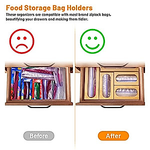 WICHEMI Food Bag Storage Organizer - Bamboo Bag Container Dispenser for Kitchen Drawer Food Storage Bag Holders Compatible with Ziplock, Gallon, Quart, Sandwich, Snack, Candy Variety Size Bags