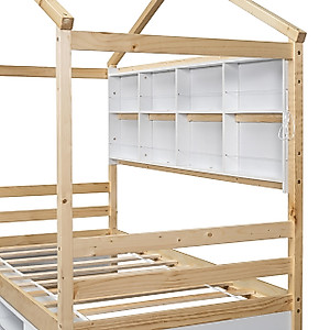 VilroCaz Twin Size House Bed with Bedside-Shelves and Under Bed Storage Unit, Wood Platform Bed Frame Daybed with Roof and Sturdy Slats Support for Kids Teens Girls Boys