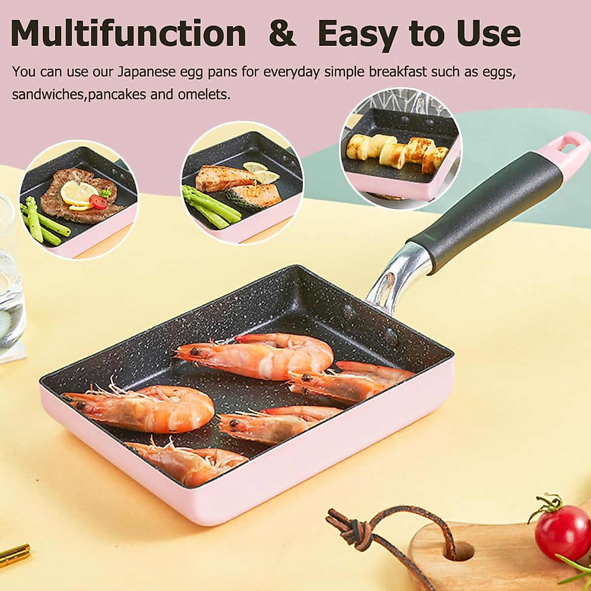 Japanese Omelet Pan, 6"x 7" Non-Stick Tamagoyaki Egg Pan, Rectangle Pan with Anti Scalding Bakelite Handle, Aluminum Japanese Egg Pan for everyday simple breakfast, All Stoveps Compatible, Pink