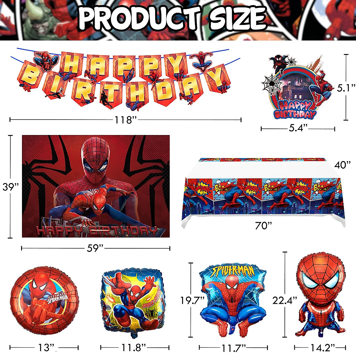 Birthday Party Supplies,Spider Theme Style Party Decorations Include Happy Birthday Banner,Backdrop,Tablecover,Cake Toppers,Cupcake Toppers,Spiral Charms and Latex Balloons Set
