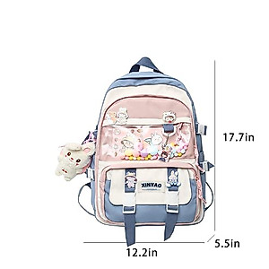 vfdgsaz Cute Kawaii Backpack with cute card plush pendant,Lovely Pastel Rucksack,Aesthetic backpack for girls and teens (blue,one size)