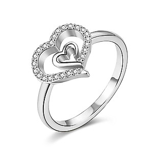 Gold Double Heart Ring for Women Delicate 14K Gold Plated Heart in Heart Wedding Jewelry Promise Love Ring for Her Gift (925 Silver - Silver, 7)