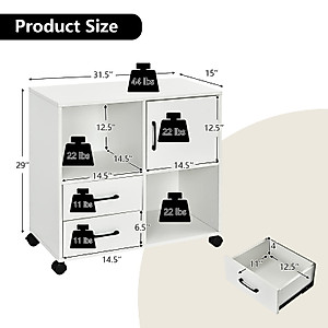 Giantex Printer Stand Under Desk - Mobile File Cabinet with 2 Drawers, Lateral Cabinet, 2 Open Compartments, Lateral Rolling Filing Cabinet on Wheels for Home & Office Use Printer Table (White)