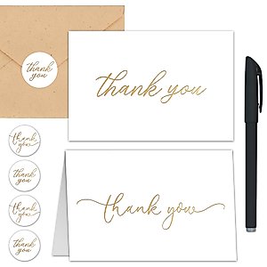 100 Pieces of White With Gold Thank You Cards, Two Thank You Notes Designs, 4x6 Inch Thank You Card, Elegant Thank You Cards Baby Shower, Thank You Cards With Envelopes Bulk with 120 Stickers, Free