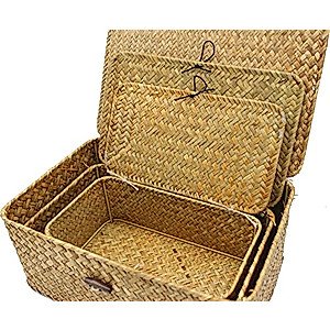 Handwoven Seagrass Storage Bins Box with Lids, Rectangular Wicker Basket Storage Basket, Shelf Baskets Set of 3