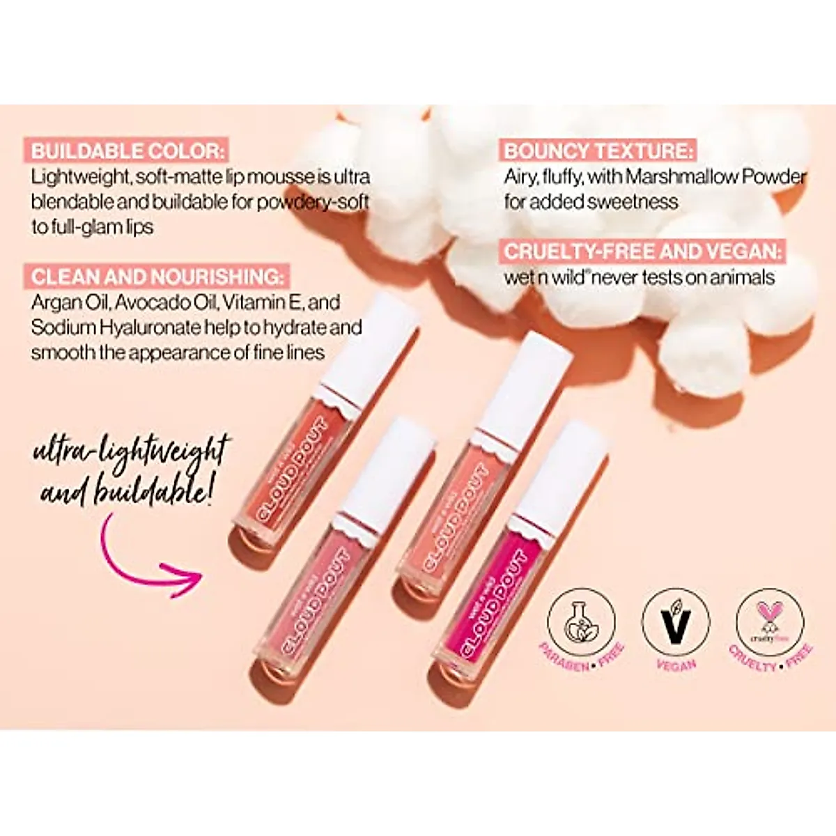 wet n wild Lip Cream Cloud Pout Marshmallow Matte Liquid Lipstick | Lip Mousse | Hot Pink Red Fluff You | Marshmallow Flavored