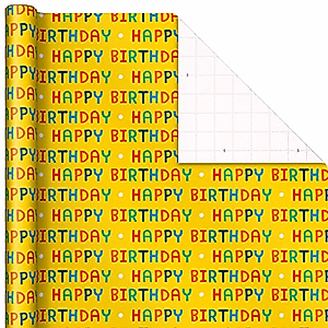 Hallmark Kids Birthday Wrapping Paper (3 Rolls: 75 sq. ft. ttl) Pink Rainbows, Blue Dinosaurs, Yellow "Happy Birthday"