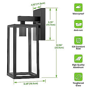 MAXvolador Outdoor Wall Sconce, Exterior Waterproof Wall Lantern Light Fixtures, Black Porch Lights with Toughened Glass Shade, Anti-Rust E26 Socket Front Door Wall Mount Lighting for Garage, 2 Pack