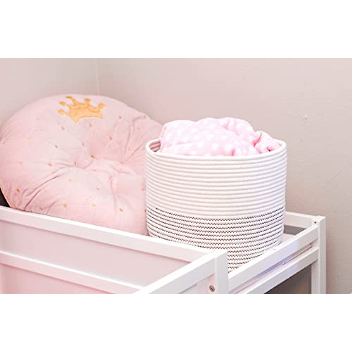 Lorfa Cotton Rope Storage Basket - Woven Laundry Baskets for Blanket, Baby Toy Storage Basket with Hidden Handle, Nursery Basket, 12 By 11 inch (12X11 inch , Grey Line)