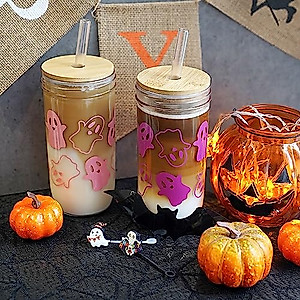 ANOTION Halloween Cups, 24oz Halloween Mason Jar with Lid and Straw Tumbler Iced Coffee Cups Halloween Decor Cookie Jar Glasses Halloween Glassware Drinking Water Bottles Halloween Decorations Indoor