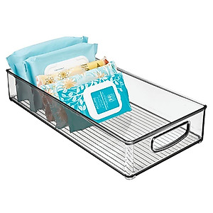 mDesign Plastic Stackable Storage Container Bin with Handles - Bathroom Cabinet Organizer for Makeup, Shampoo, Conditioner - 16" Long, 2 Pack - Smoke Gray