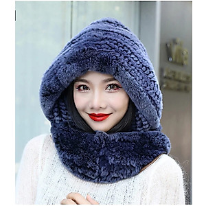 Knitted Rex Rabbit Infinity Scarf w Hood Fur Scarves Wrap Shawl Fur Cashmere Pashmina Silk Wool Cape Cashmere Cape (Ebony Black)