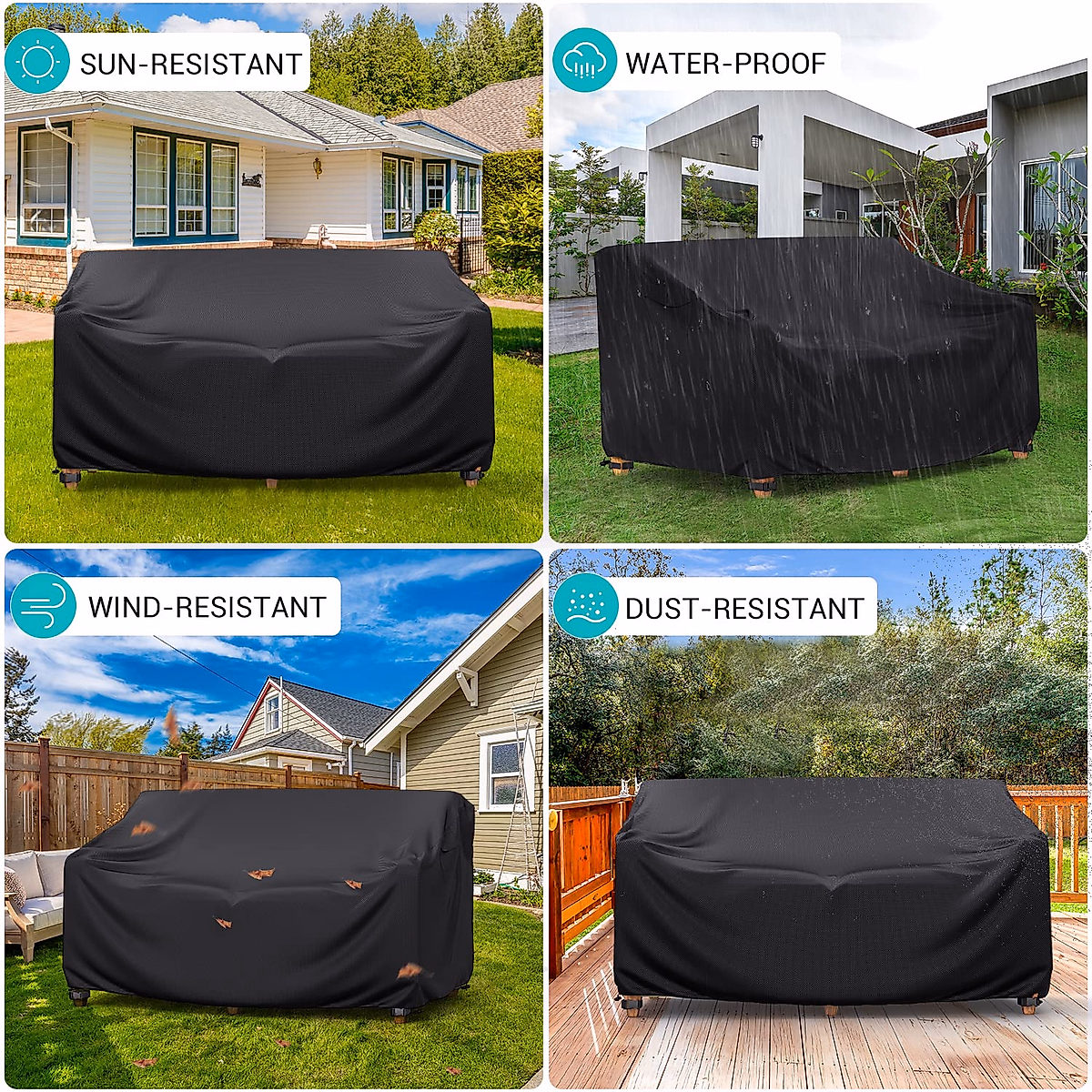 BROSYDA Patio Sofa Cover Waterproof - Heavy Duty 2-Seater Outdoor Sofa Cover Patio Furniture Covers with Air Vent and Handles, 60" L×34" D×30" H, Black