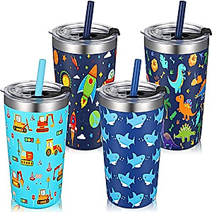 4 Pack Kids Cups with Straw Lid, Toddler Smoothie Cup Spill Proof Vacuum Stainless Steel Insulated Tumbler for Boys, 4 Styles Powder Coated Baby Child Cup + BPA Free Lids + Silicone Straws (12 Oz)