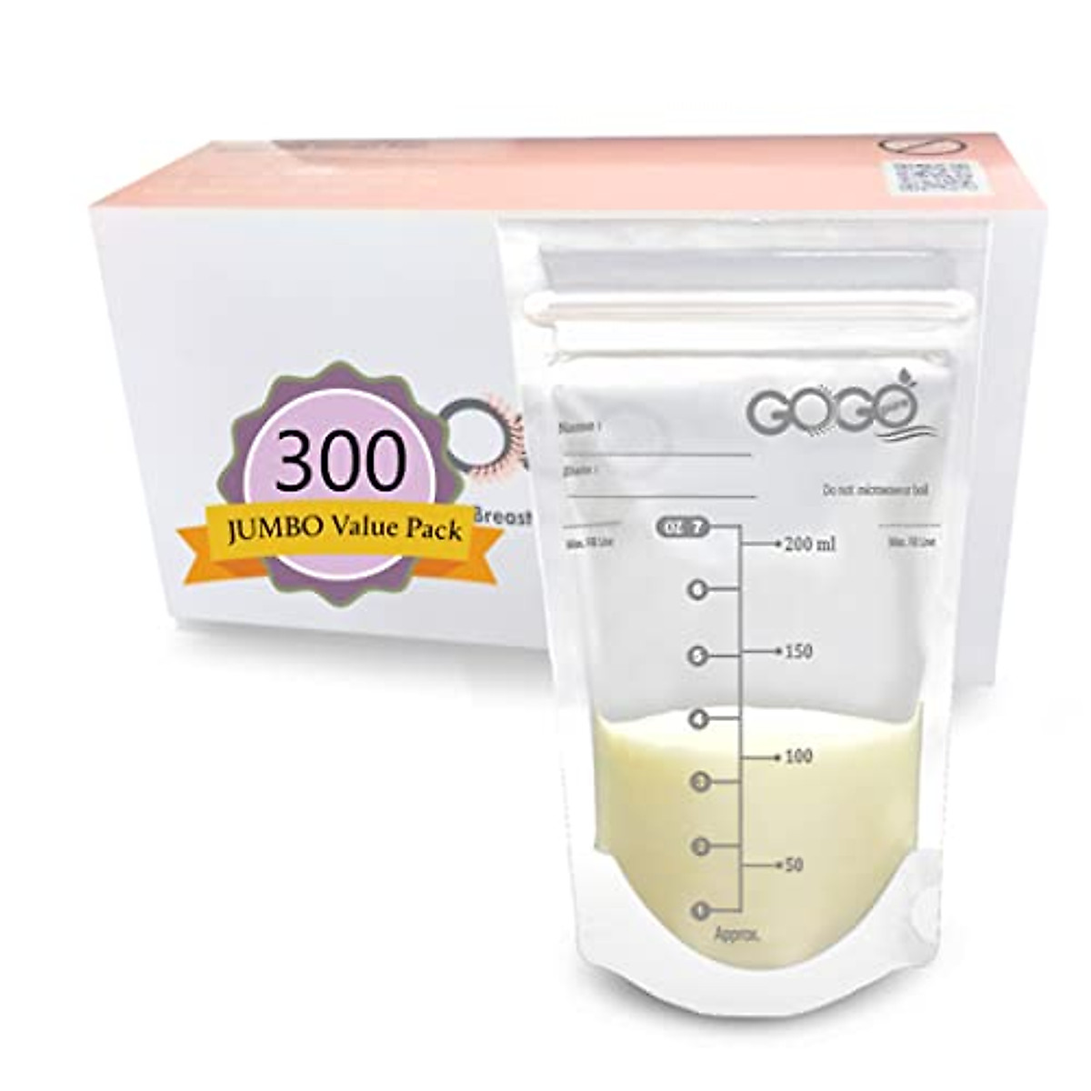 300 CT (5 Pack of 60 Bags) JUMBO Value Pack Breastfeeding Breastmilk Storage Bags - 7 OZ, EACH PRE-STERILIZED By Gamma Ray, BPA Free, Leak Proof Storing Double Zipper Seal, Self Standing, for Refrigeration and Freezing - Only at Amazon