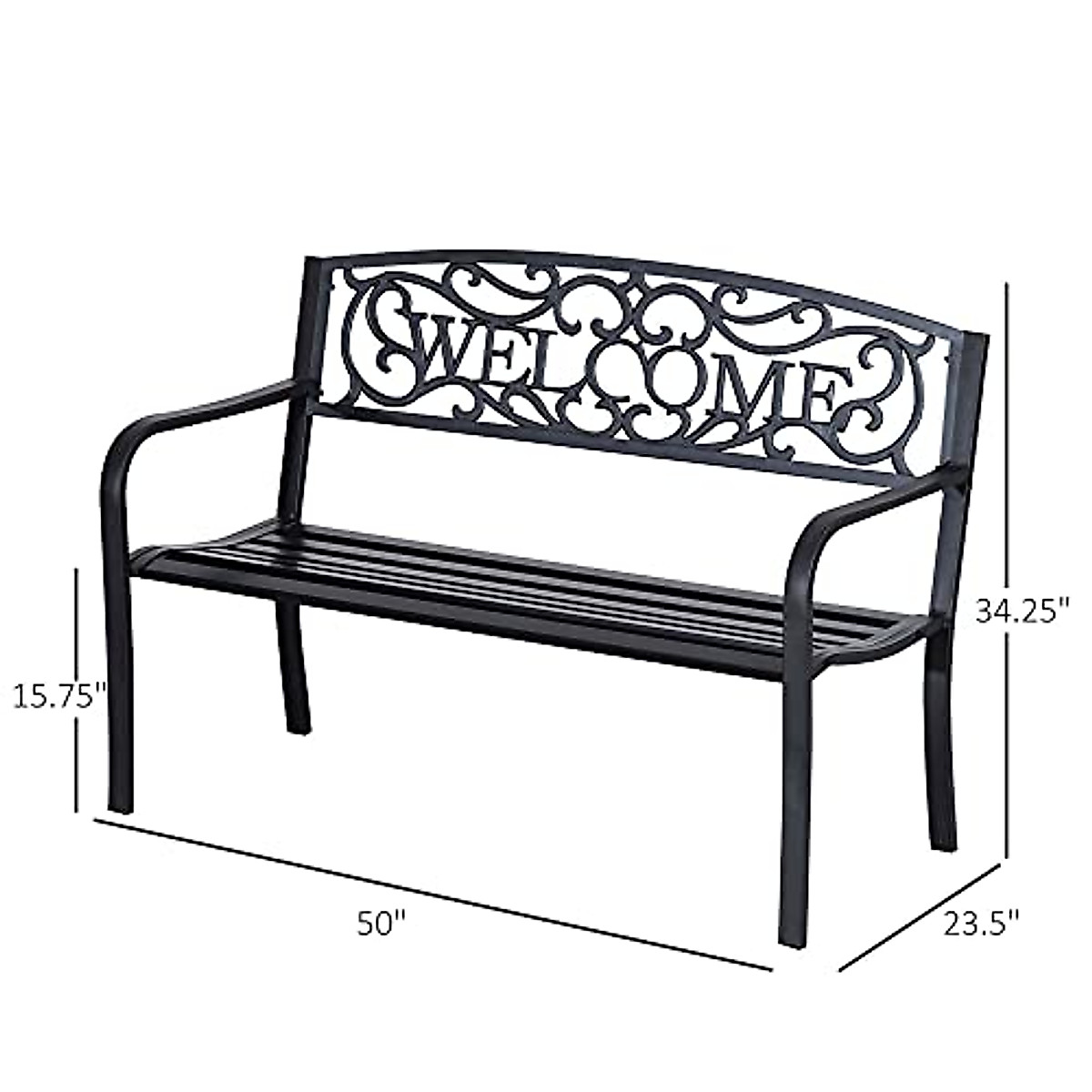 Outsunny 50" 2-Person Garden Bench Loveseat with Cast Iron Decorative Welcome Vines, Outdoor Patio Bench for Backyard, Porch, Entryway