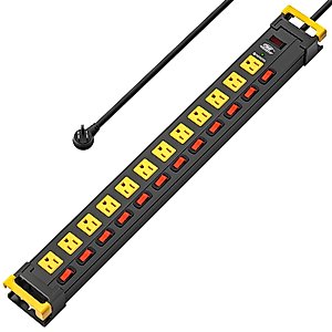 CRST 12 Outlets Heavy Duty Power Strip Surge Protector with Individual Switches, Metal Mountable Power Strip with Cord Manager, 9FT, 1020J, 15A/1875W (Black+Yellow) for Garage, Workshop, Shop, Home