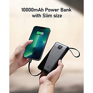 VEEKTOMX Portable Charger with Built in Cables, 10000mAh Ultra Slim Power Bank with 5 Outputs and LED Display, External Battery Compatible with iPhone/iPad/Samsung and Other Smart Devices for Travel