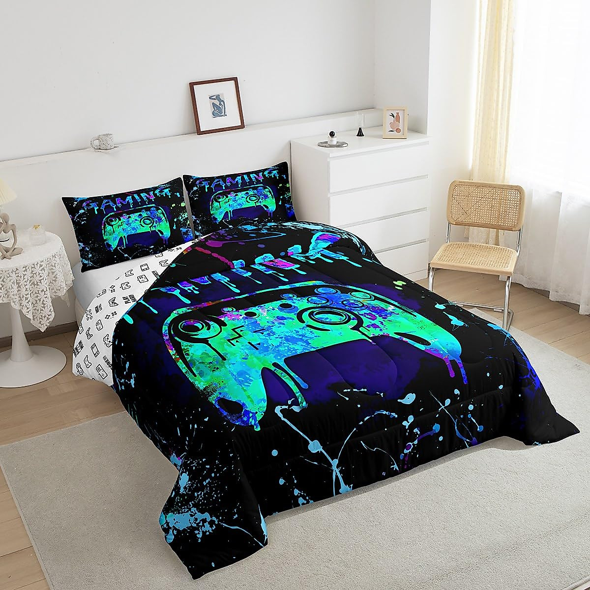 Erosebridal Twin Gamer Bedding Sets for Boys Gaming Comforter Sets for Boys Girls Teens Video Gamer Room Decor,Gamepad Controller Gamer Comforter Set Black Teal Blue Tie Dye Bed Set 2Pcs