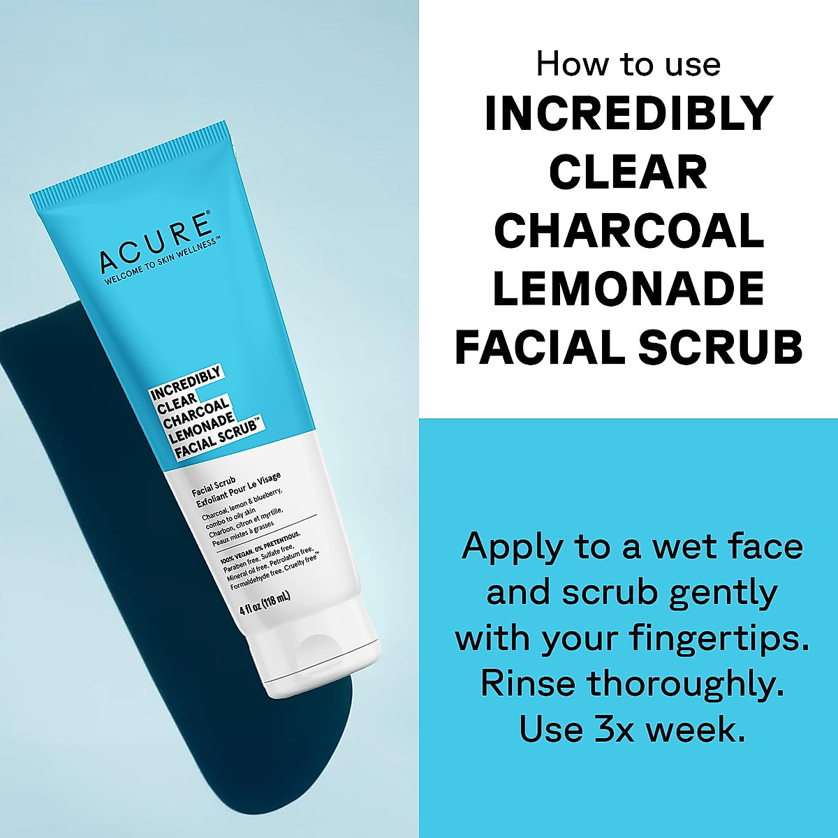 ACURE Incredibly Clear Charcoal Lemonade Facial Scrub -Deep Face Wash Cleansing, Gentle Exfoliates & Detoxifies with Charcoal Scrub, Lemon & Blueberry -For Oily to Normal & Acne Prone Skin, 4 Fl Oz
