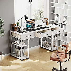 ODK Office Small Computer Desk: Home Table with Fabric Drawers & Storage Shelves, Modern Writing Desk, White, 48"x16"