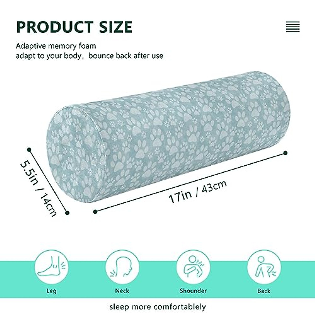 Vnurnrn Doggy Paw Print Neck Support Pillow Round Neck Roll Bolster Cylinder Pillow Cervical Pillows Shoulder Pillow for Leg Knee Back Head Support for Adults Bedroom Camp Work